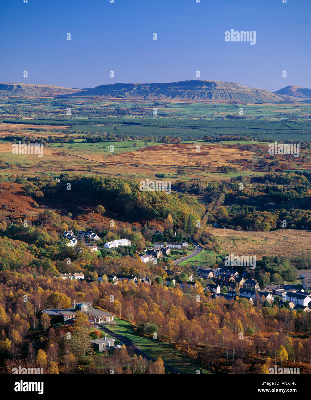 View over the David Marshall Lodge and Aberfoyle, the Trossachs ...
