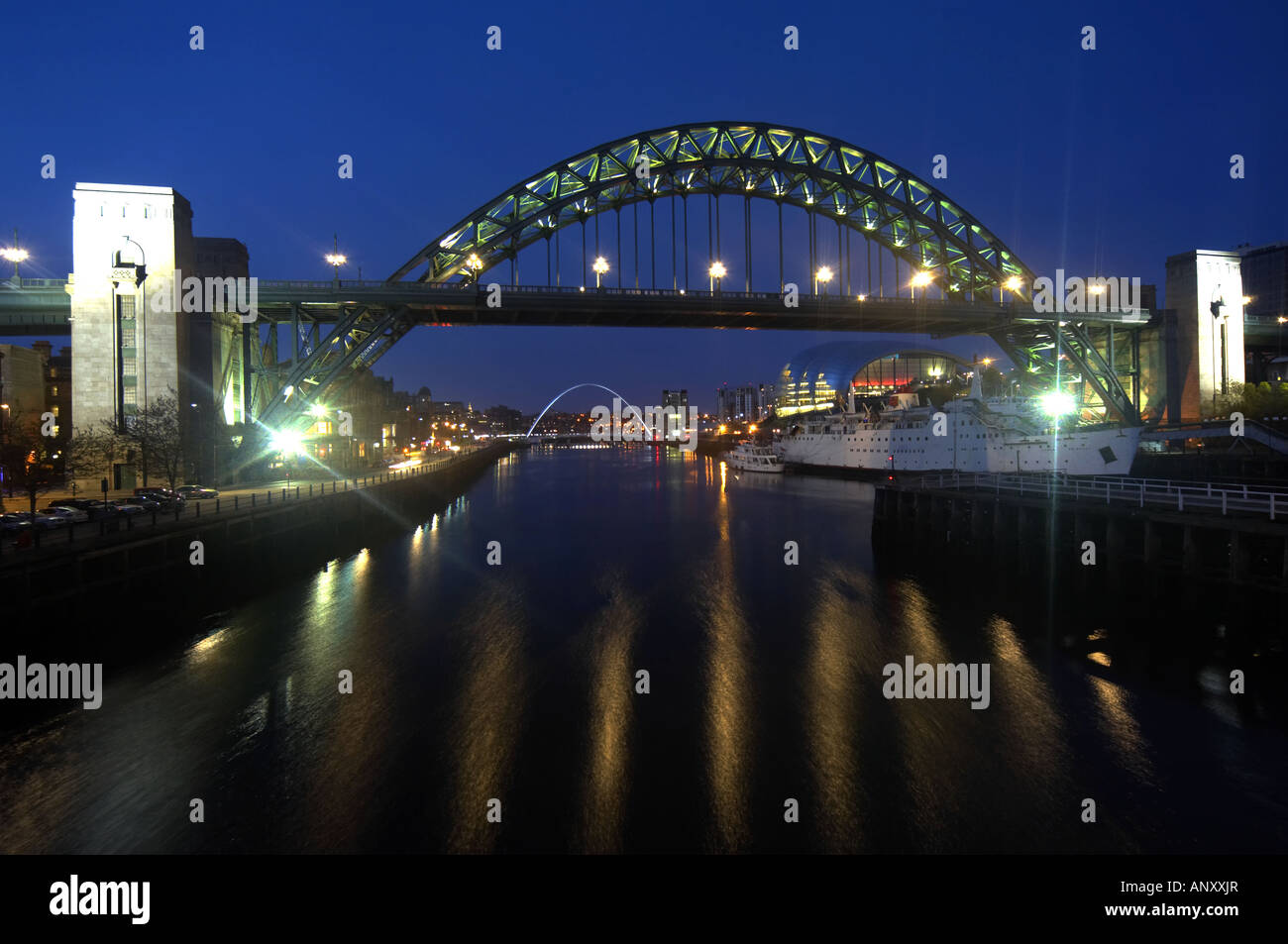 A view of the Tyne Bridge and a white ship in Newcastle Gateshead taken ...