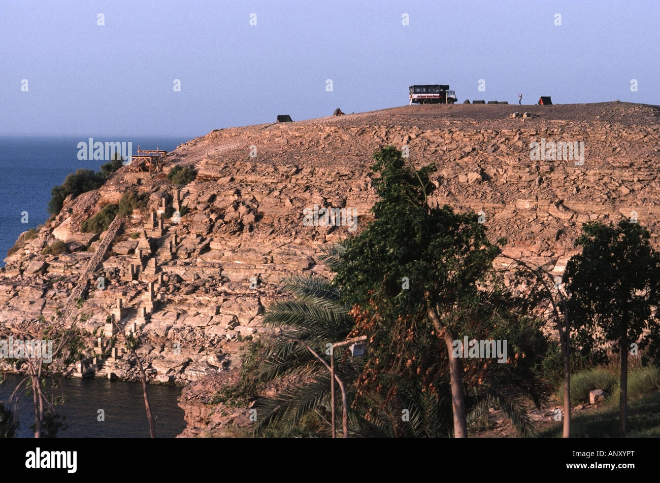 Camping by Lake Nasser in late afternoon sunshine, Egypt Stock Photo ...