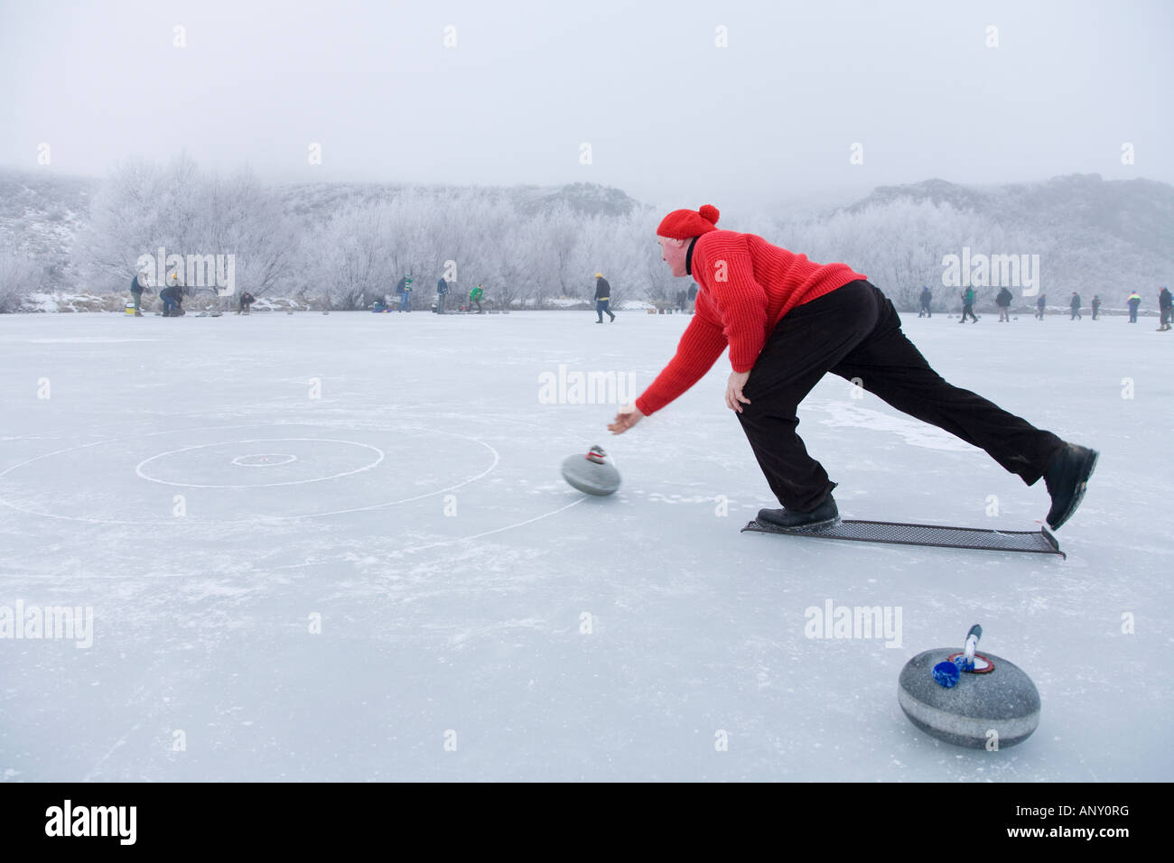 Mid winter curling on the Ida dam, Central Otago, New Zealand Stock ...
