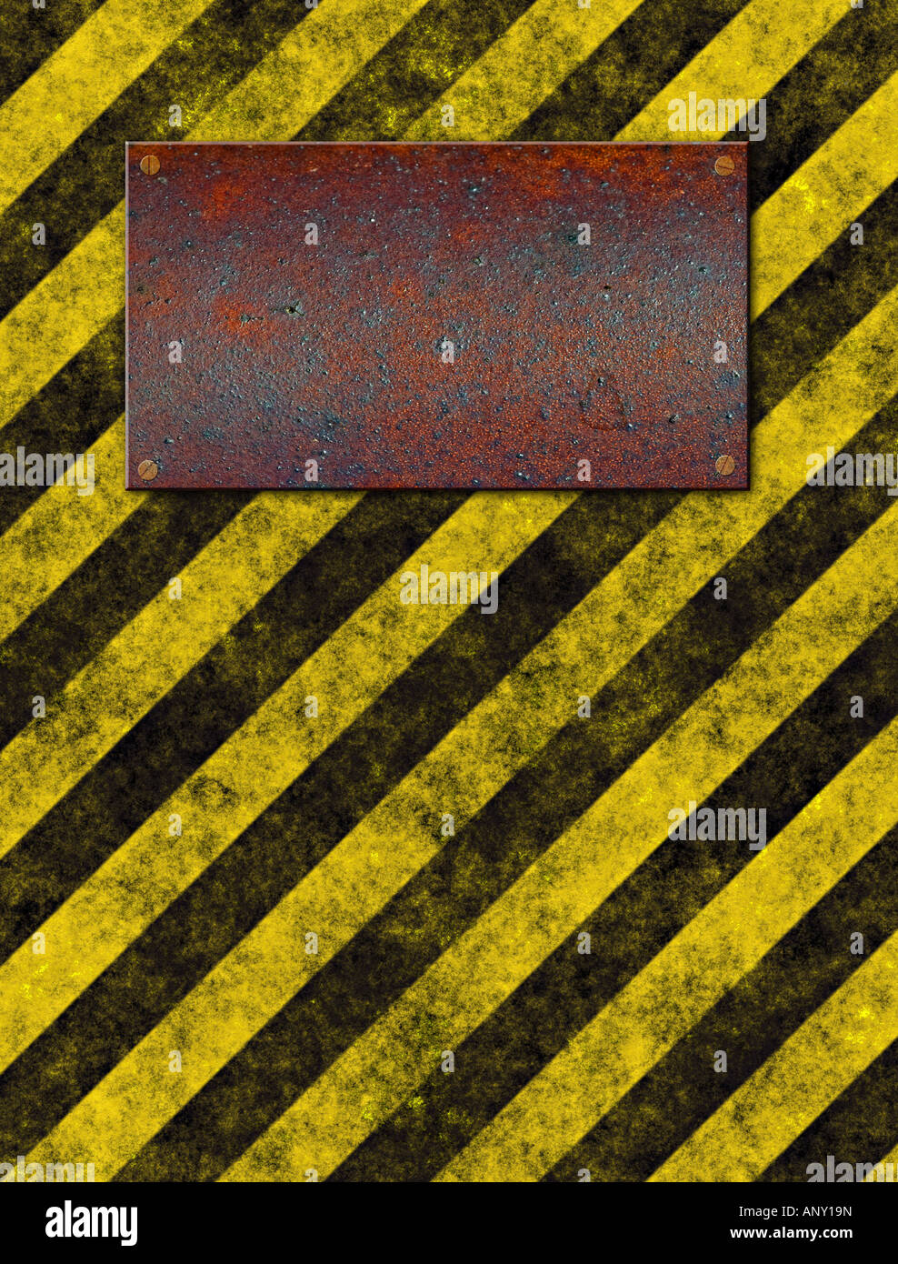 old grungy yellow warning sign with rusted metal plaque Stock Photo - Alamy