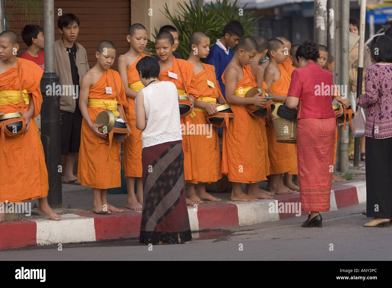 Asia, Thailand, Chiang Mai, Morning offerings to the Buddhist monks ...