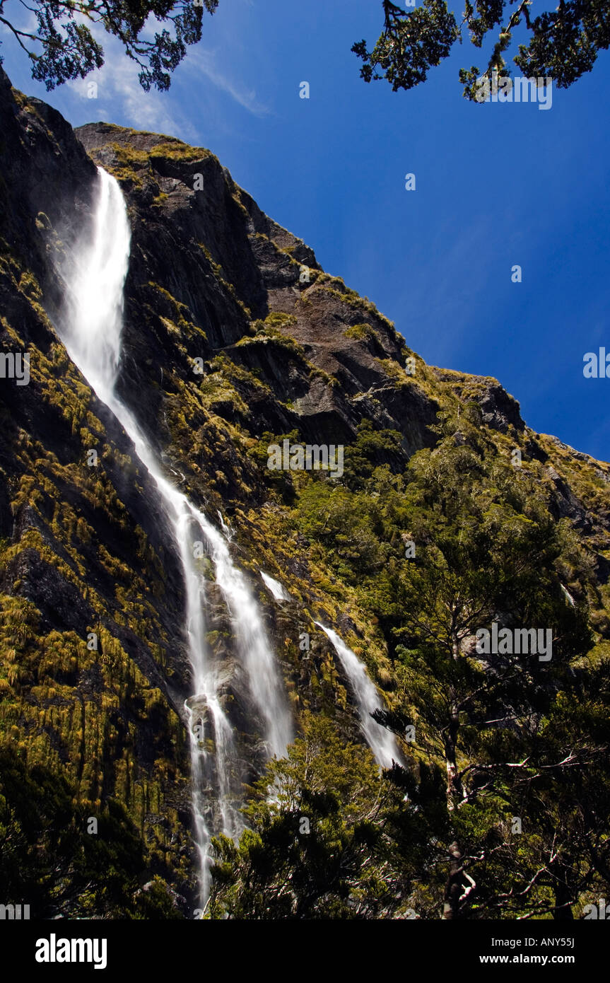 New Zealand, South Island. Earland Falls (174m) on the Routeburn Track ...