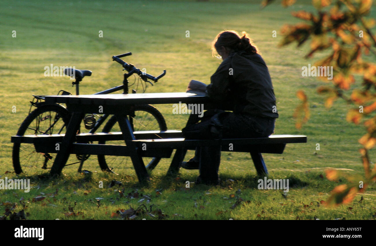 Cyclist reading book by a park bench and table on a Sunday morning ...