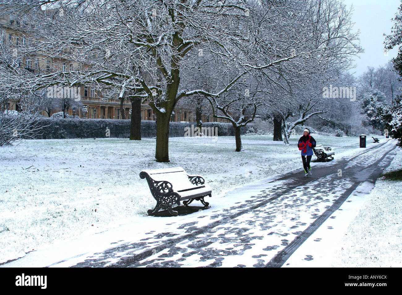 Snow trodden, tree lined path with snow covered park bench and jogger ...