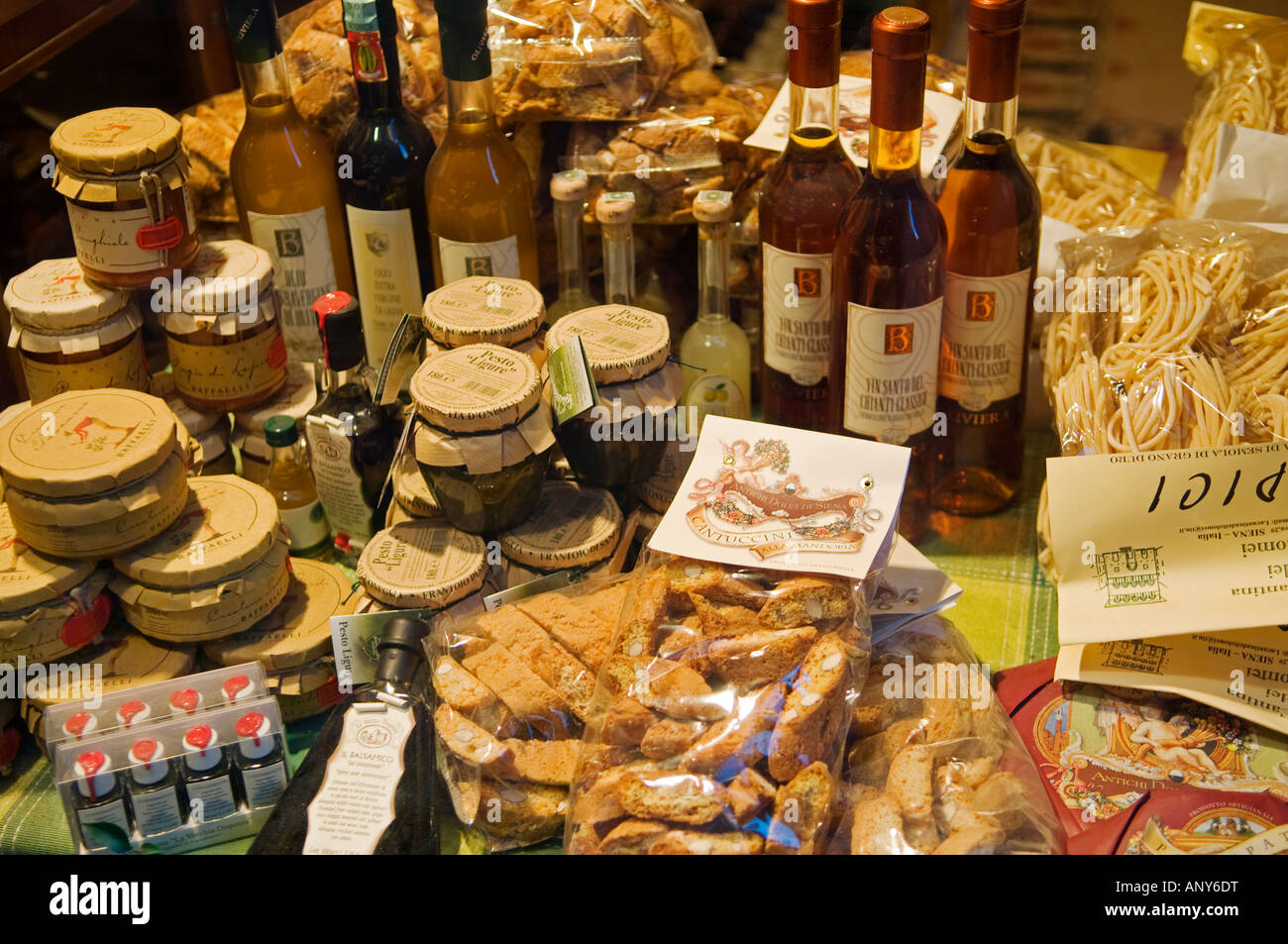 Italy, Tuscany, Siena. Display of food in the window of a delicatessen ...
