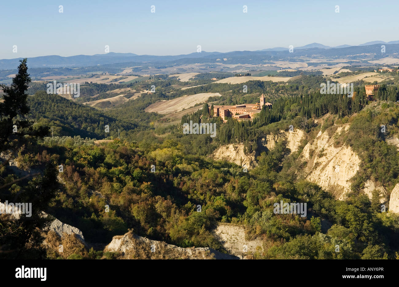 Italy, Tuscany, Chiusure. The Abbey of Monte Oliveto Maggiore, a large ...