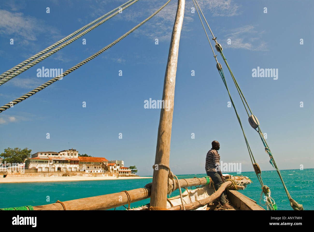 East Africa, Tanzania. Sailing an Arab dhow in Zanzibar. A dhow is a ...