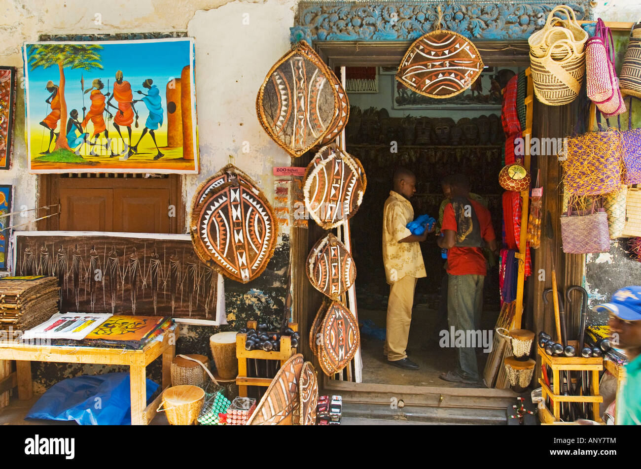 East Africa; Tanzania. Shop displaying tourist artefacts in the centre ...