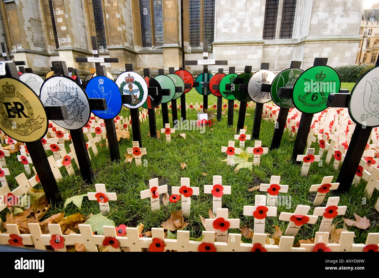Field of poppies outside Westminster Abbey on remembrance day,cross ...