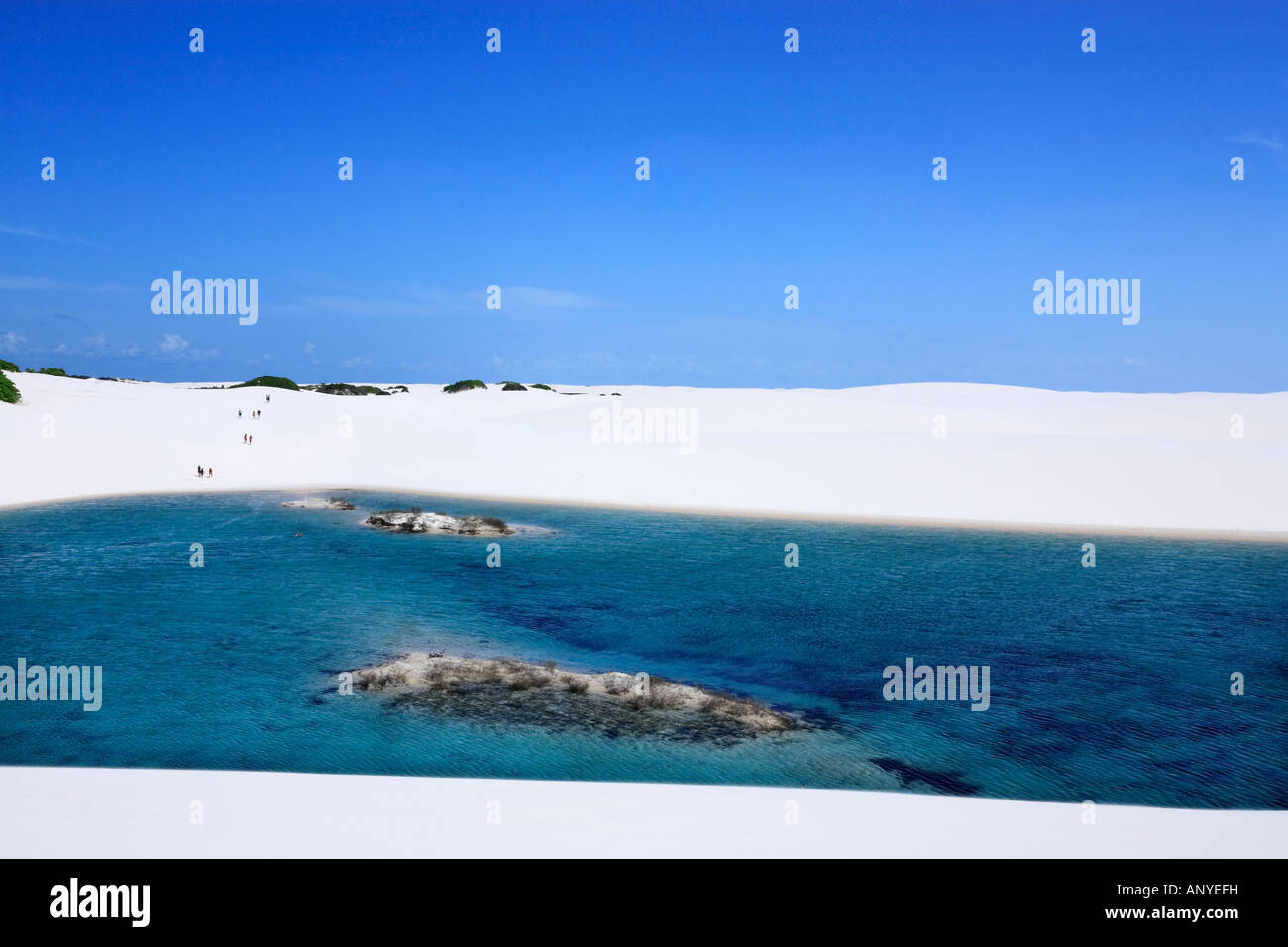 view of lagoa azul in desert sand dunes of the Lencois Maranheses ...