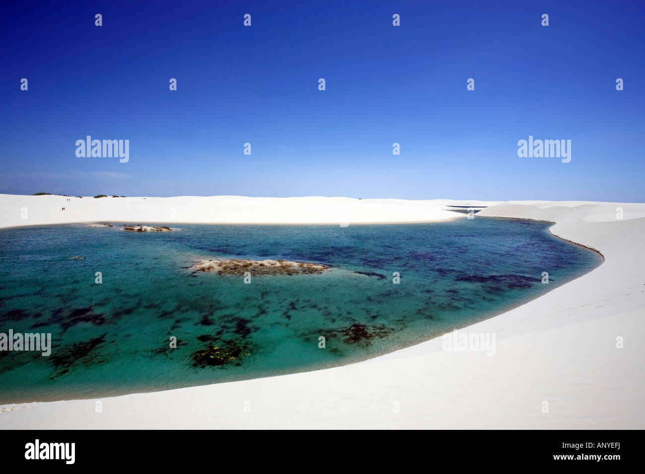 view of lagoa azul in desert sand dunes of the Lencois Maranheses ...