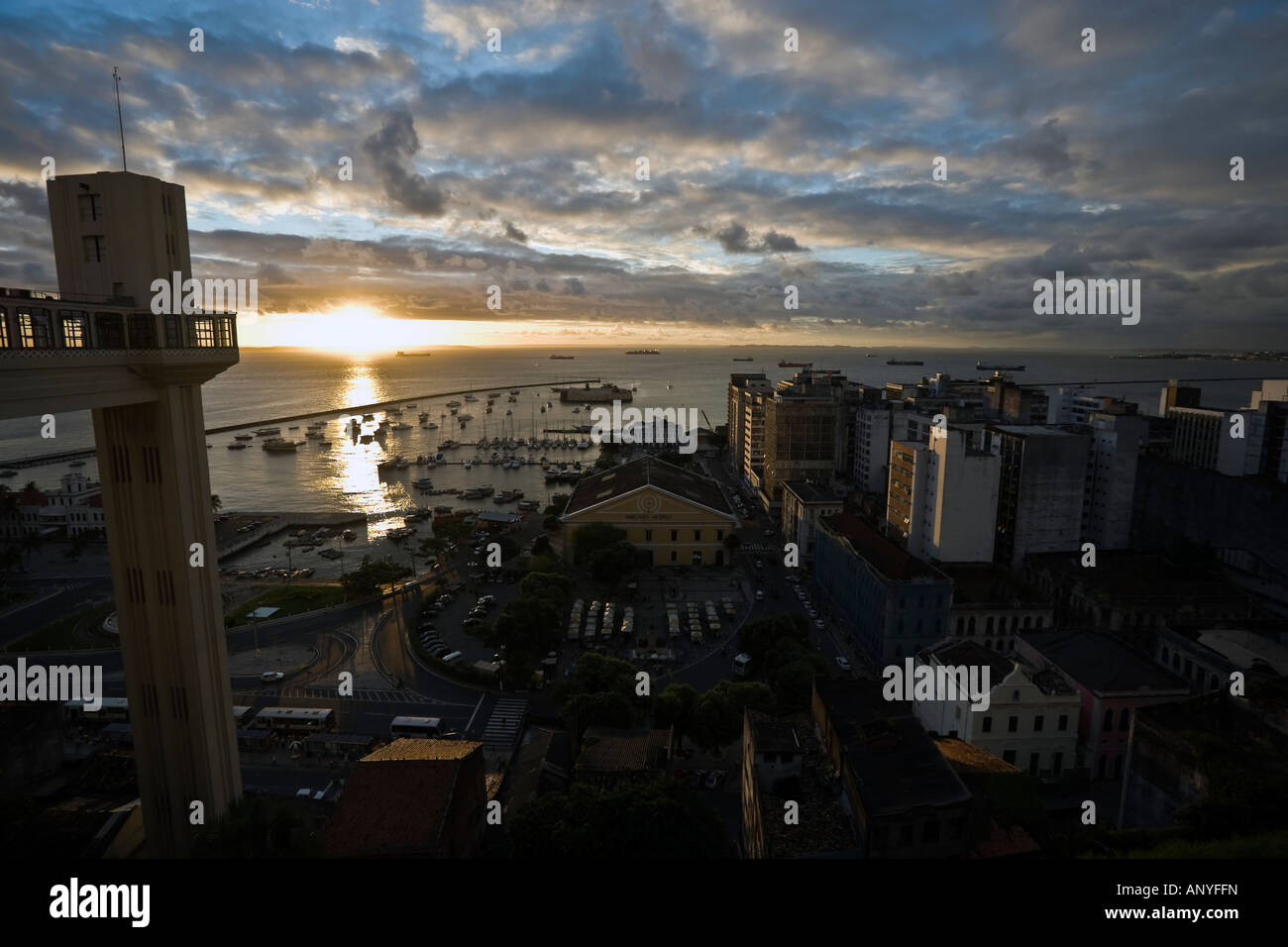 view from he top of the elevator at the sunset of the harbour and ...