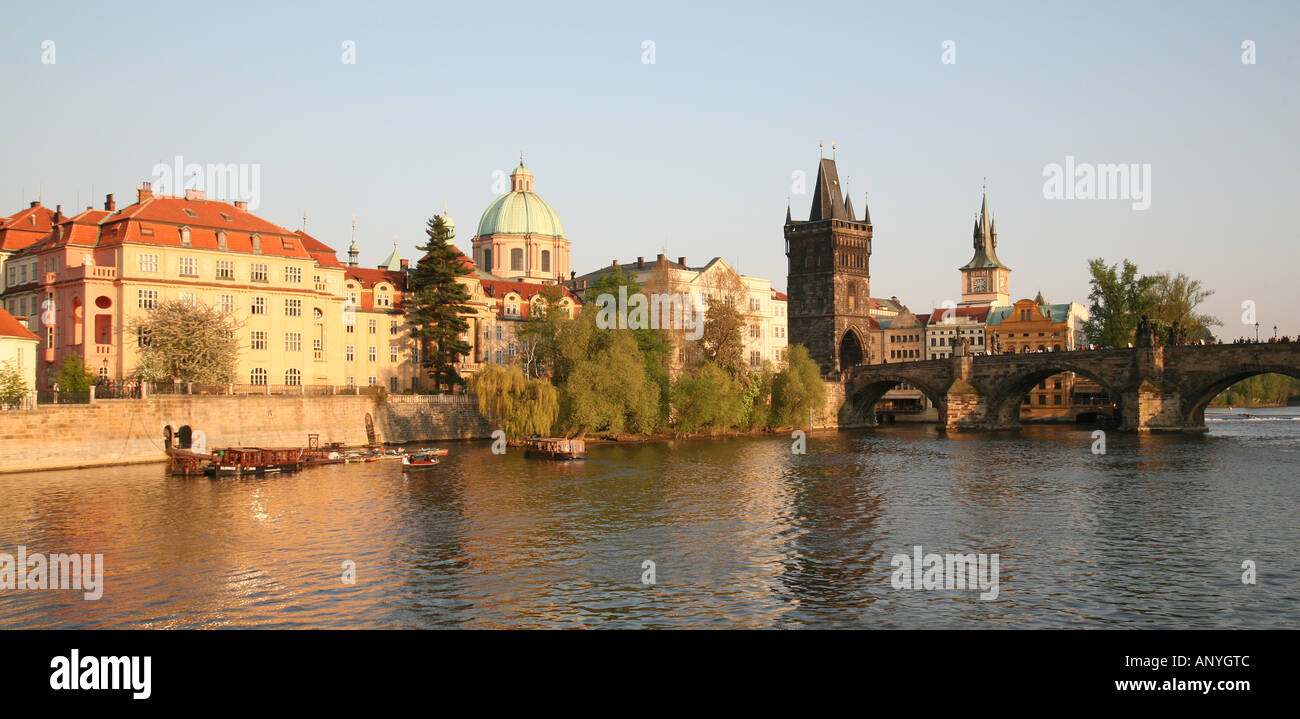 Prague Vltava River; Charles Bridge and surrounding buildings seen from ...