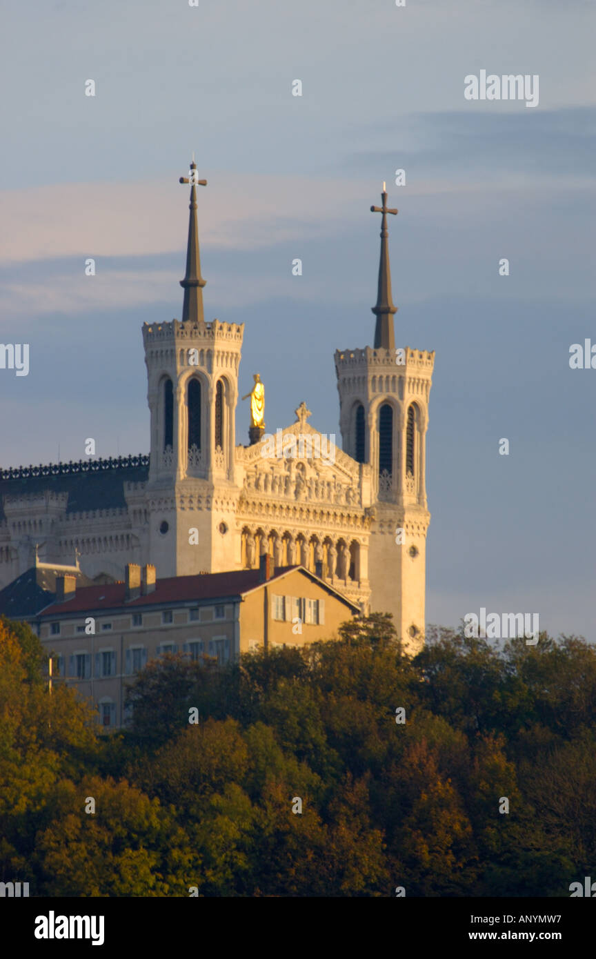 France, Rhone-Alps, Lyon, view from Saone River of Basilique Notre-Dame ...