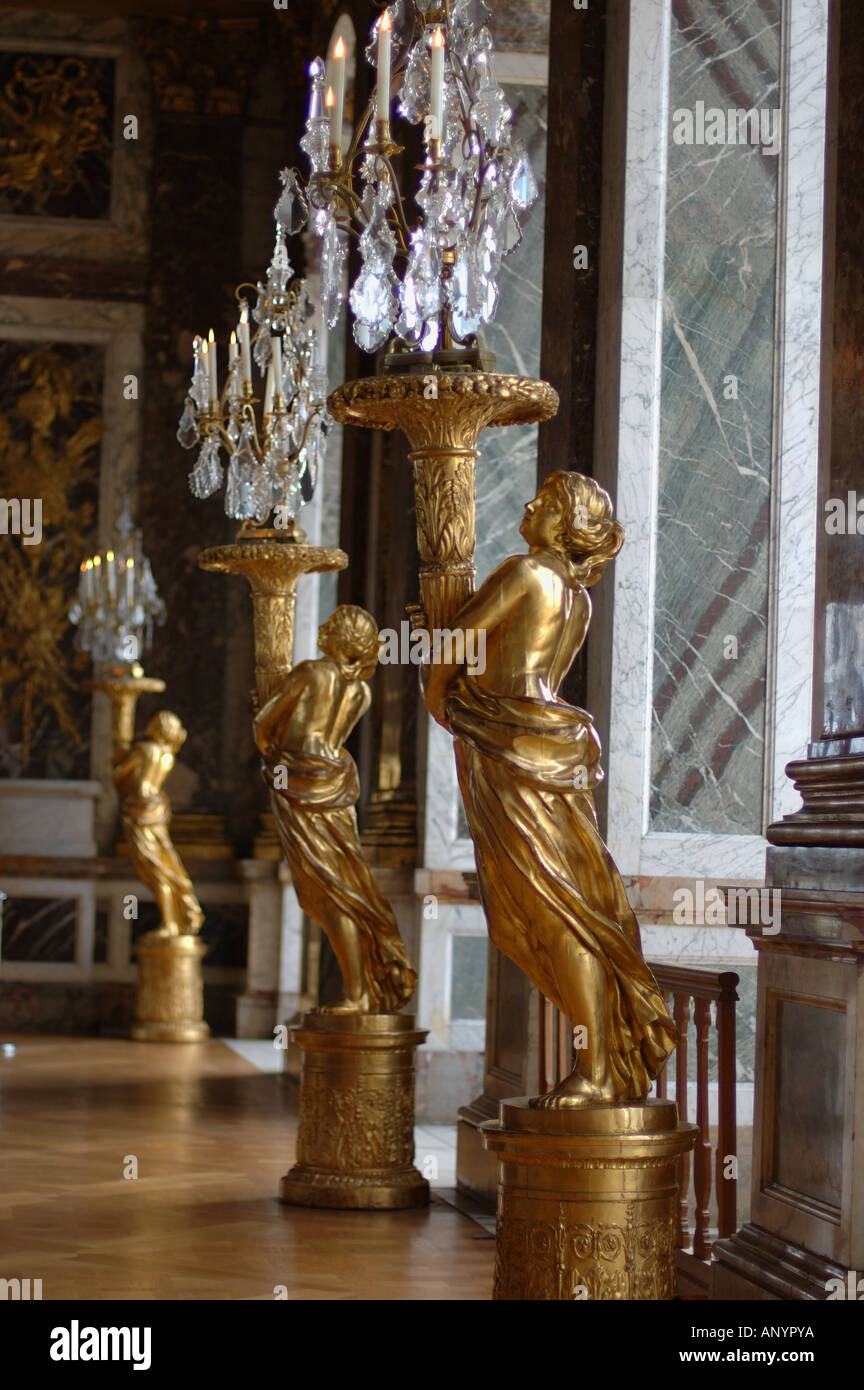 France, Versailles, Hall of Mirrors gold statues Stock Photo - Alamy