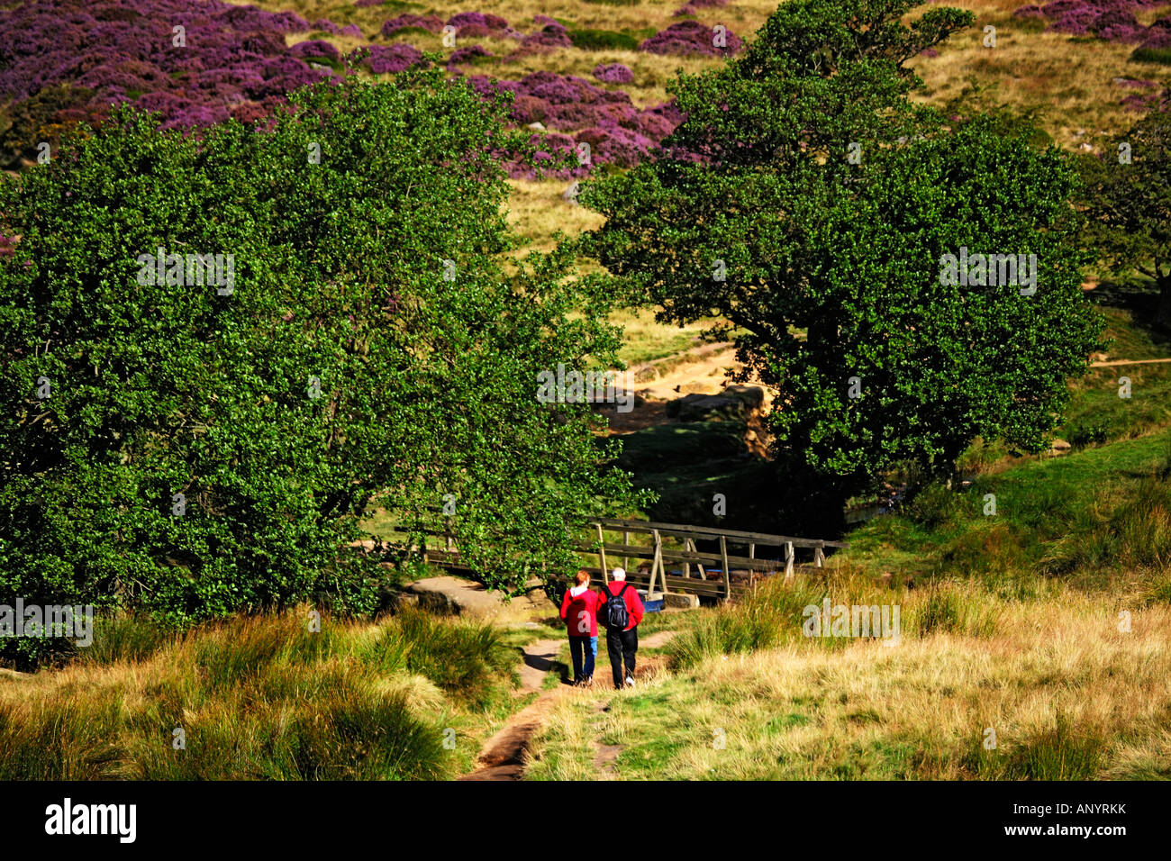 TWO WALKERS IN RED COATS AT BURBAGE BRIDGE, PEAK DISTRICT NATIONAL PARK ...