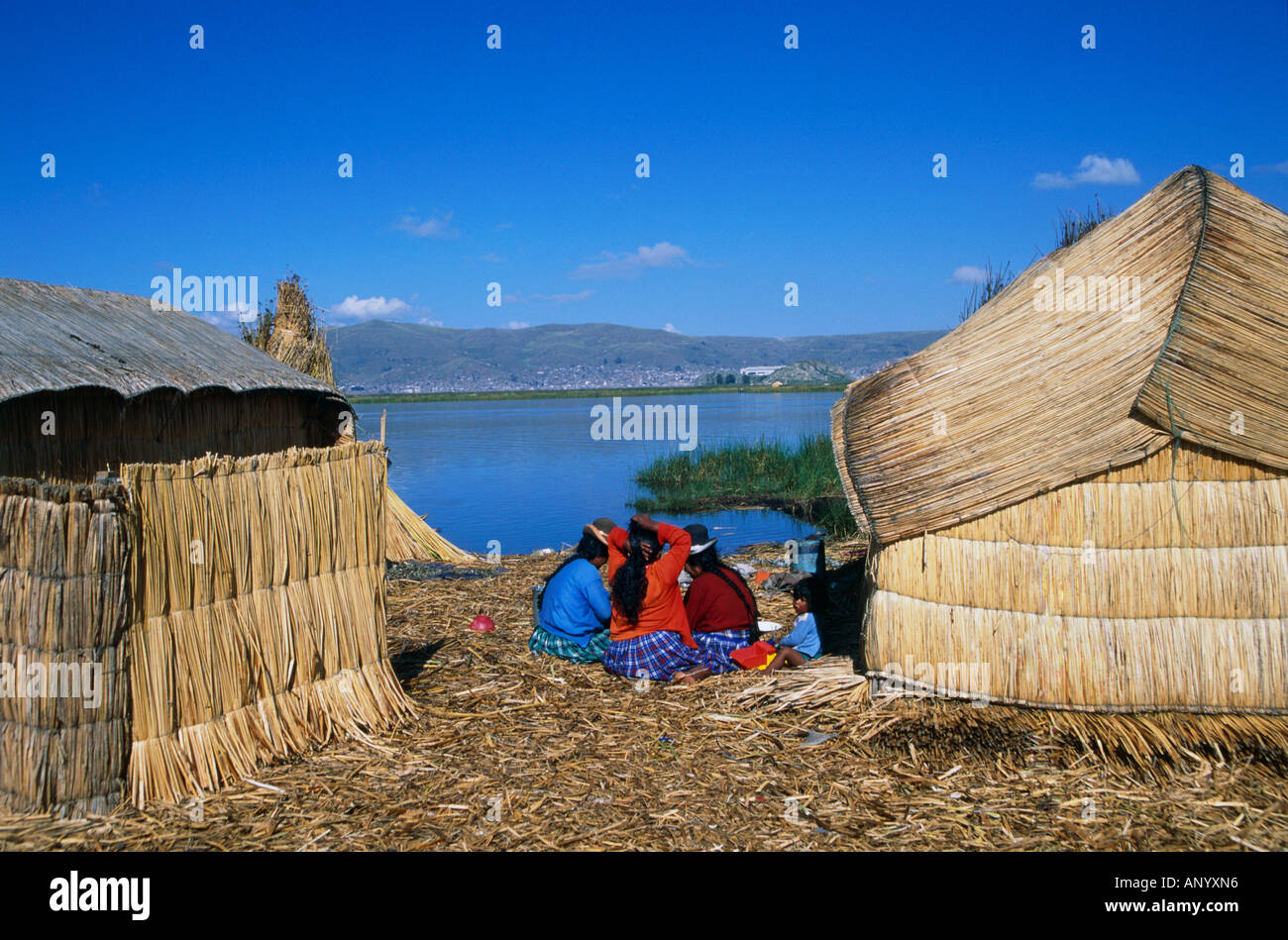 women of uros tribe floating island made by totora reed lake titicaca ...