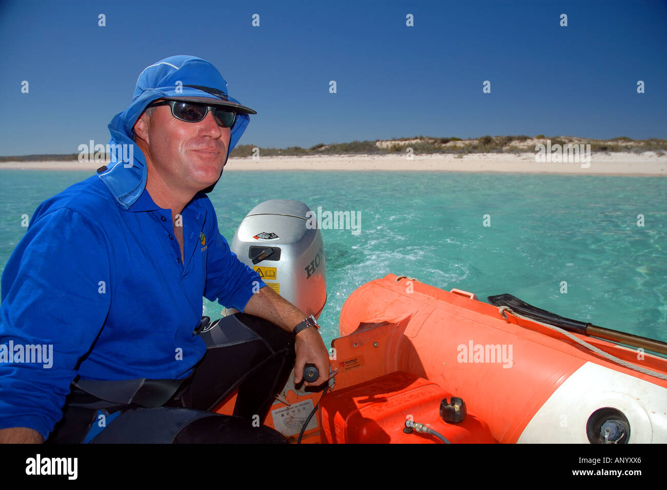 Marine biologist Dr Alan Kendrick drives rubber inflatable boat Stock ...