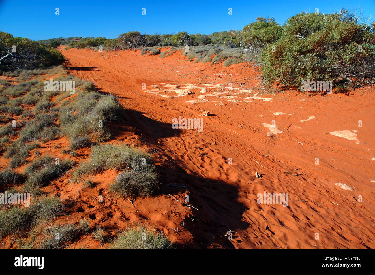 Australian outback scene rough 4WD track through red soil and arid ...