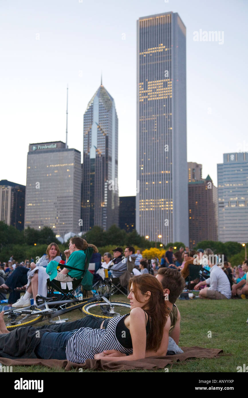 ILLINOIS Chicago Crowd of people sitting in Grant Park Petrillo outdoor ...