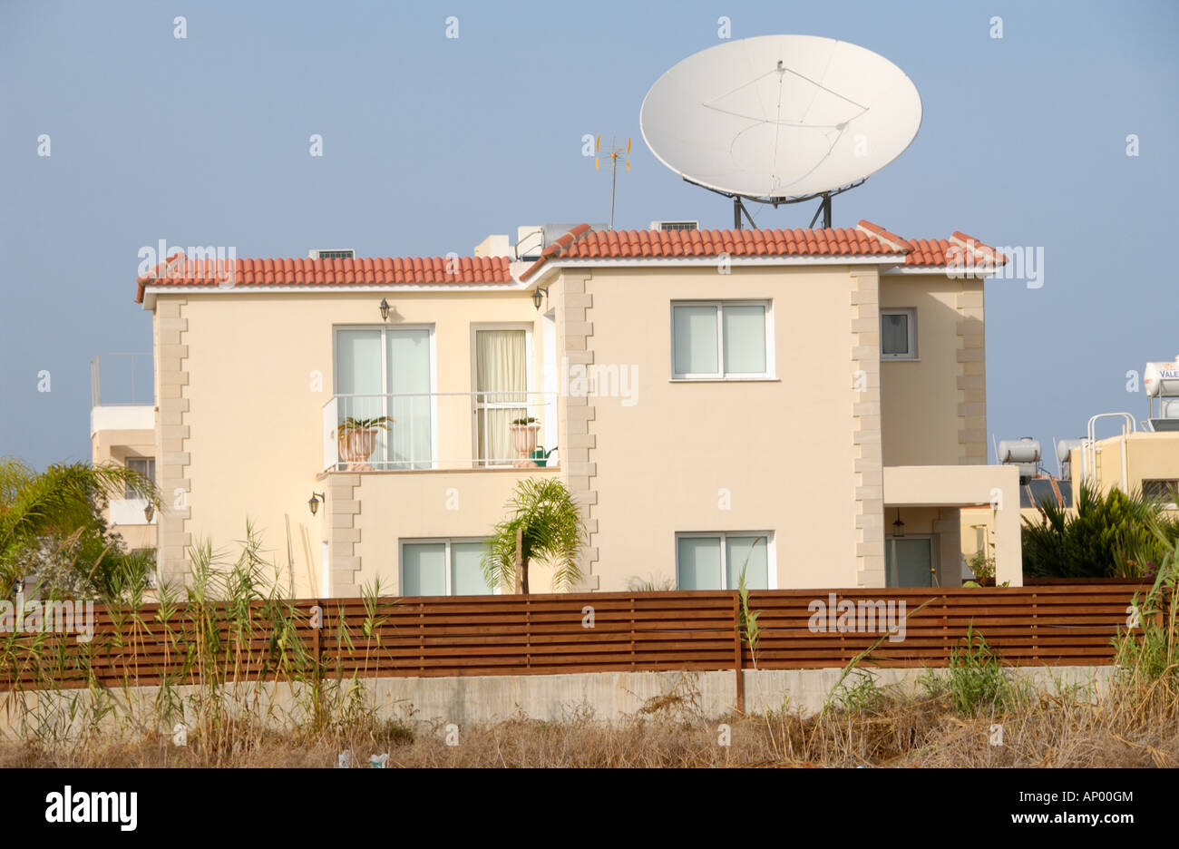 Detached house with large satellite dish on roof at Pernera Cyprus EU ...