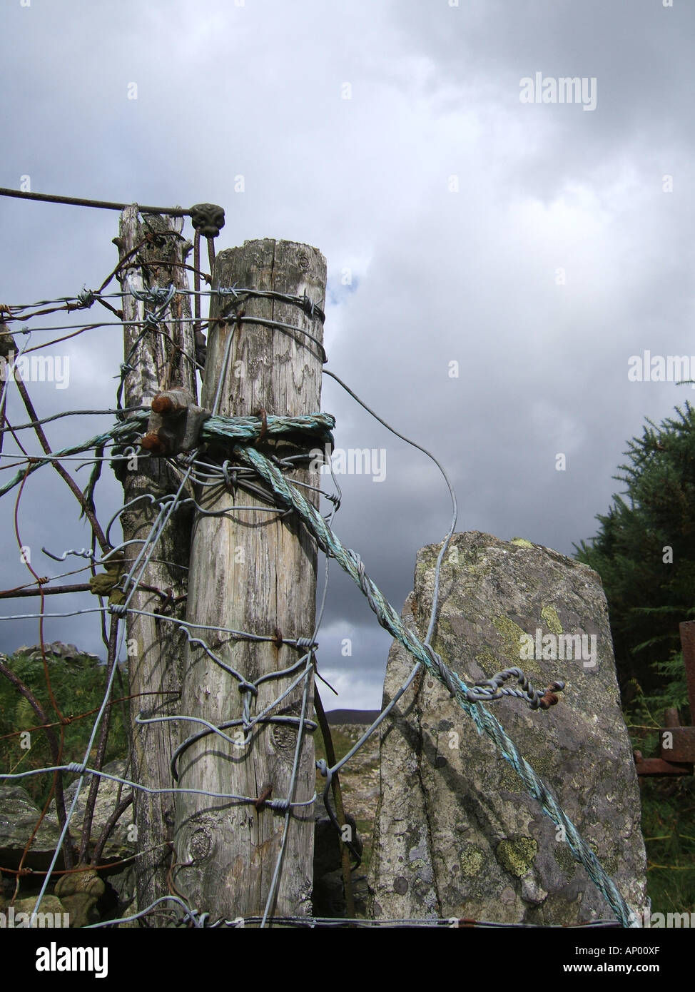 old repaired fence post in countryside Stock Photo - Alamy