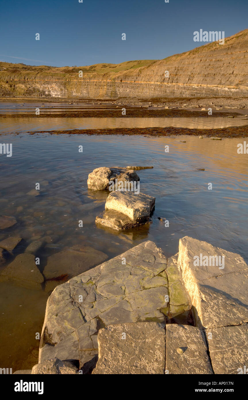 Layered jurassic cliffs at Kimmeridge bay reflected in still water in ...