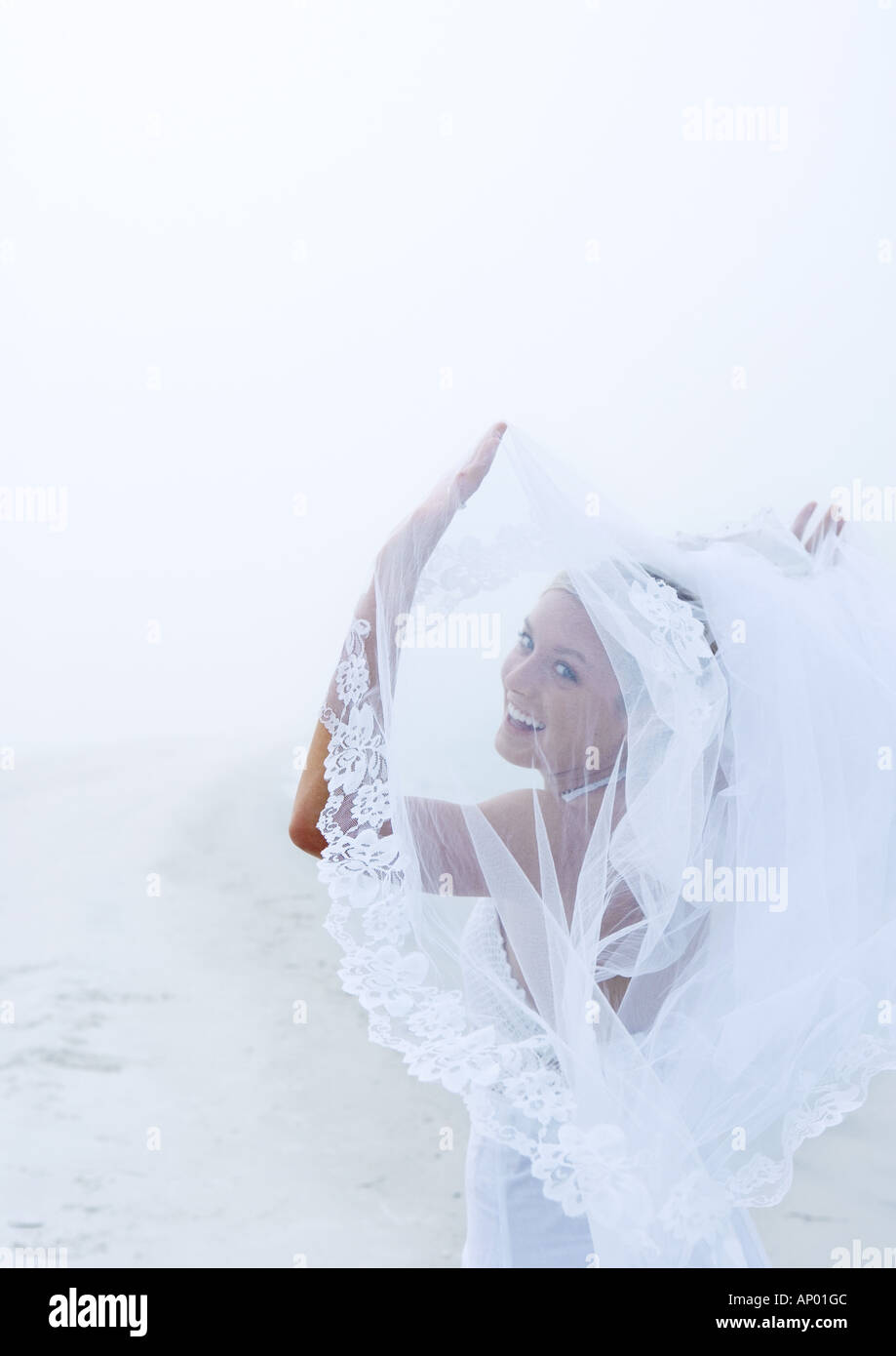 Bride holding up veil on beach Stock Photo - Alamy