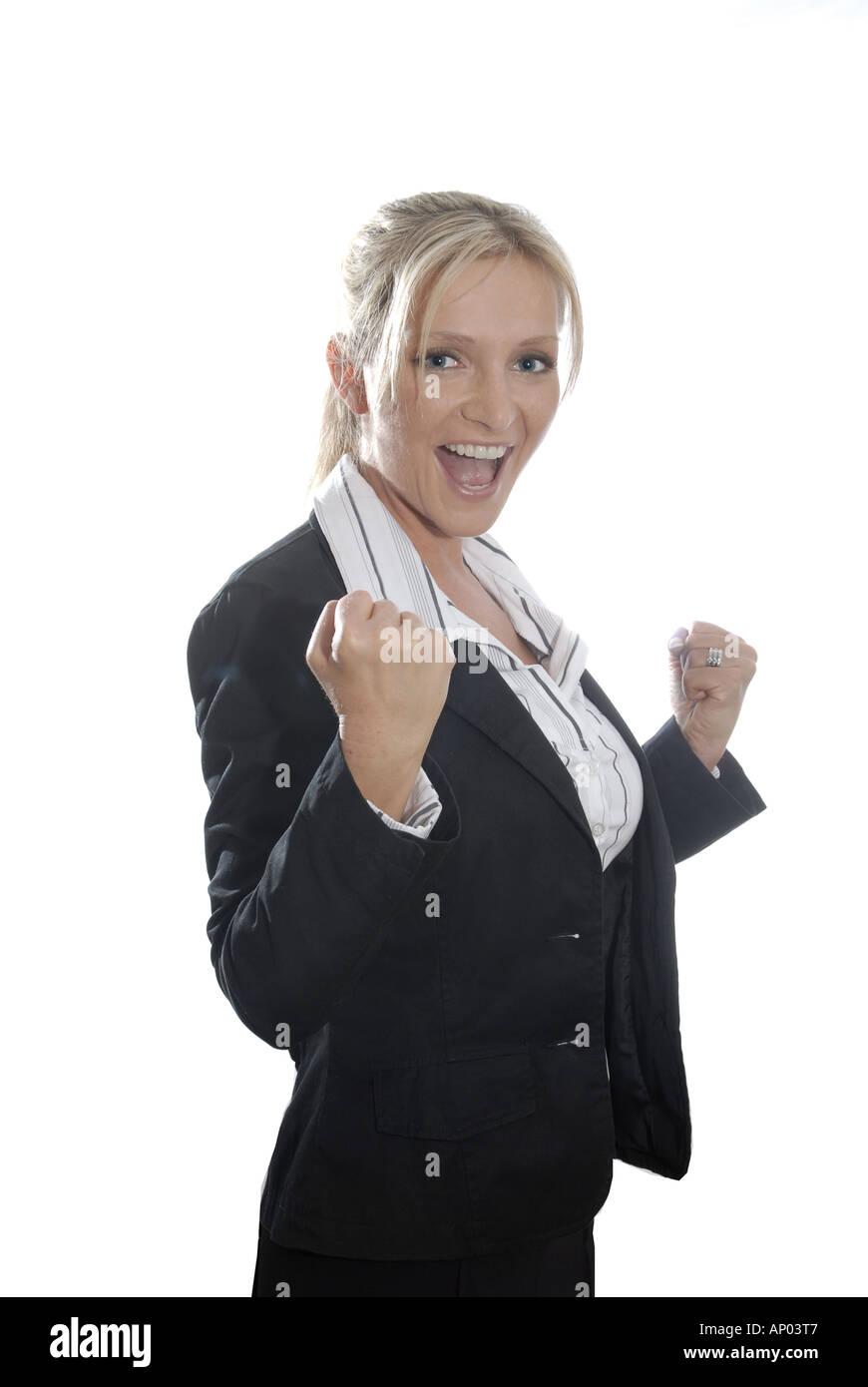 Junge Frau blond Blondine Geschaeftsfrau Freude Erfolg Emotion Sieg ...