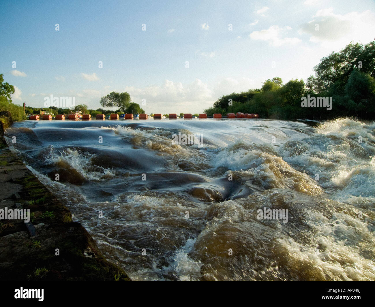 Floating safety barrier crossing a fast-flowing section of the river ...