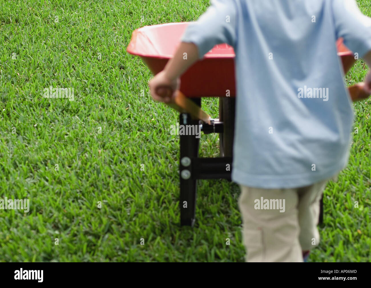 Boy pushing wheelbarrow, rear view Stock Photo - Alamy