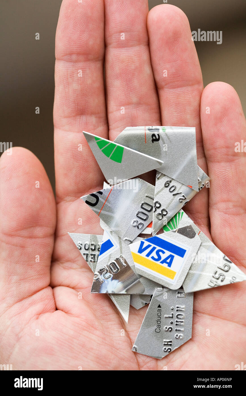 hand holding pieces of cut up credit card Stock Photo - Alamy