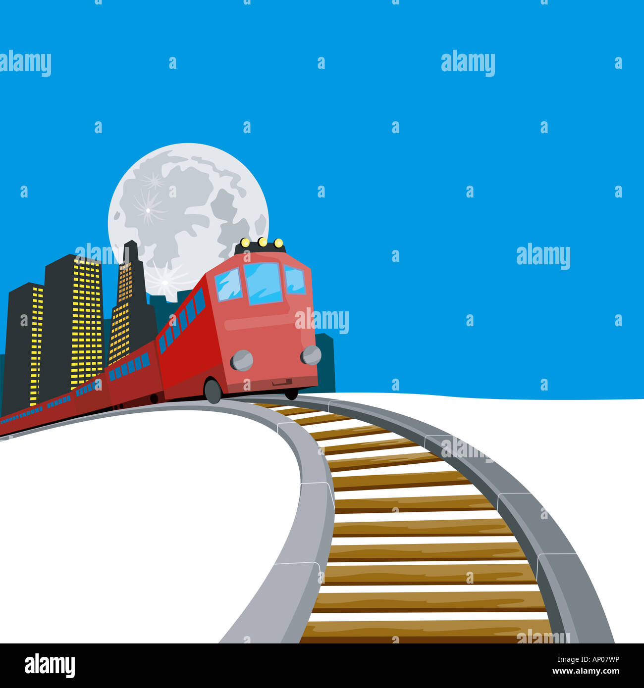 Train coming up with buildings Stock Photo - Alamy