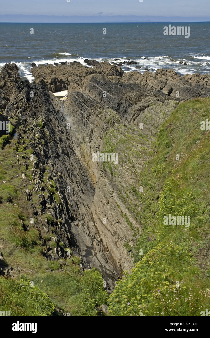 Eroded rock strata at Croyde Bay on the north coast of Devon Stock ...