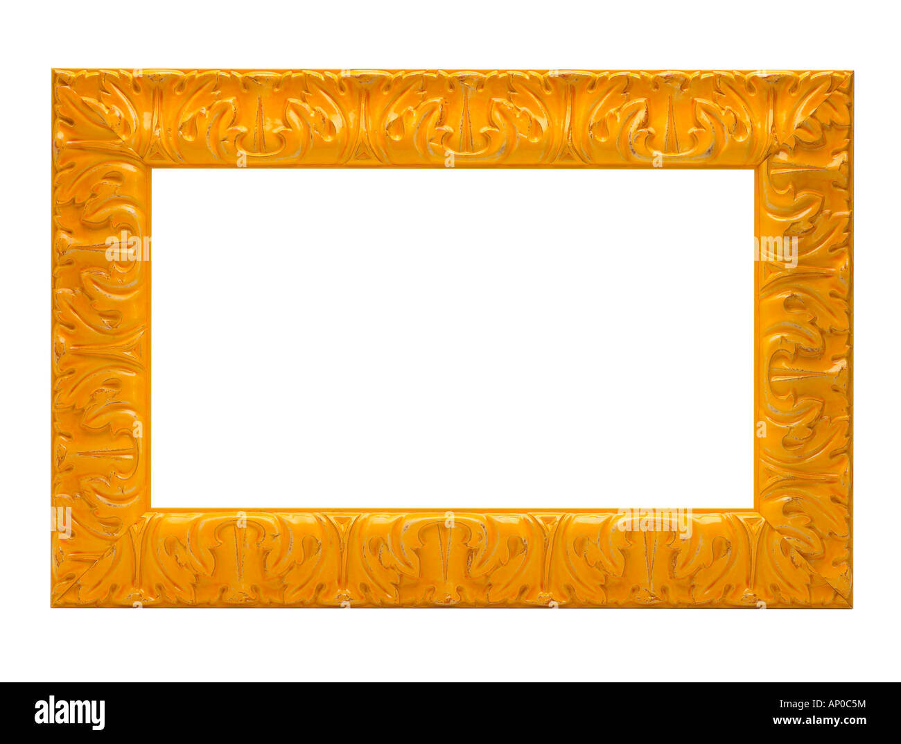 YELLOW CARVED WOOD RECTANGULAR PICTURE FRAME ON WHITE BACKGROUND Stock ...
