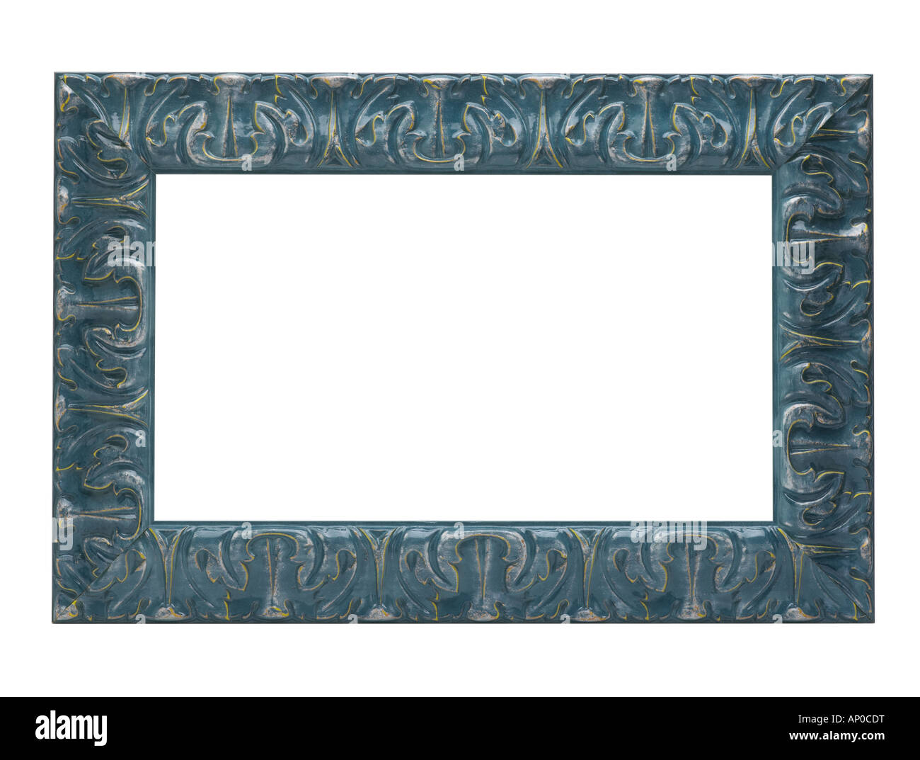 BLUE CARVED WOOD RECTANGULAR PICTURE FRAME ON WHITE BACKGROUND Stock ...