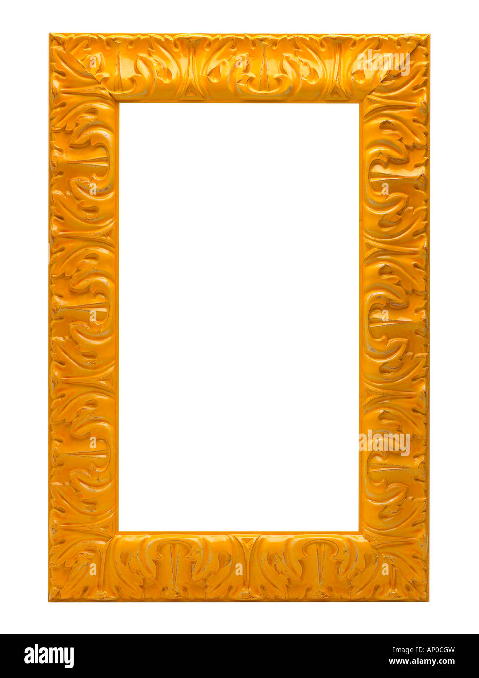 YELLOW CARVED WOOD RECTANGULAR PICTURE FRAME ON WHITE BACKGROUND Stock ...