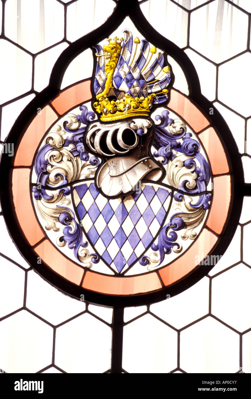 Europe, Germany, Bavaria, Neuschwanstein. Stained glass window detail ...