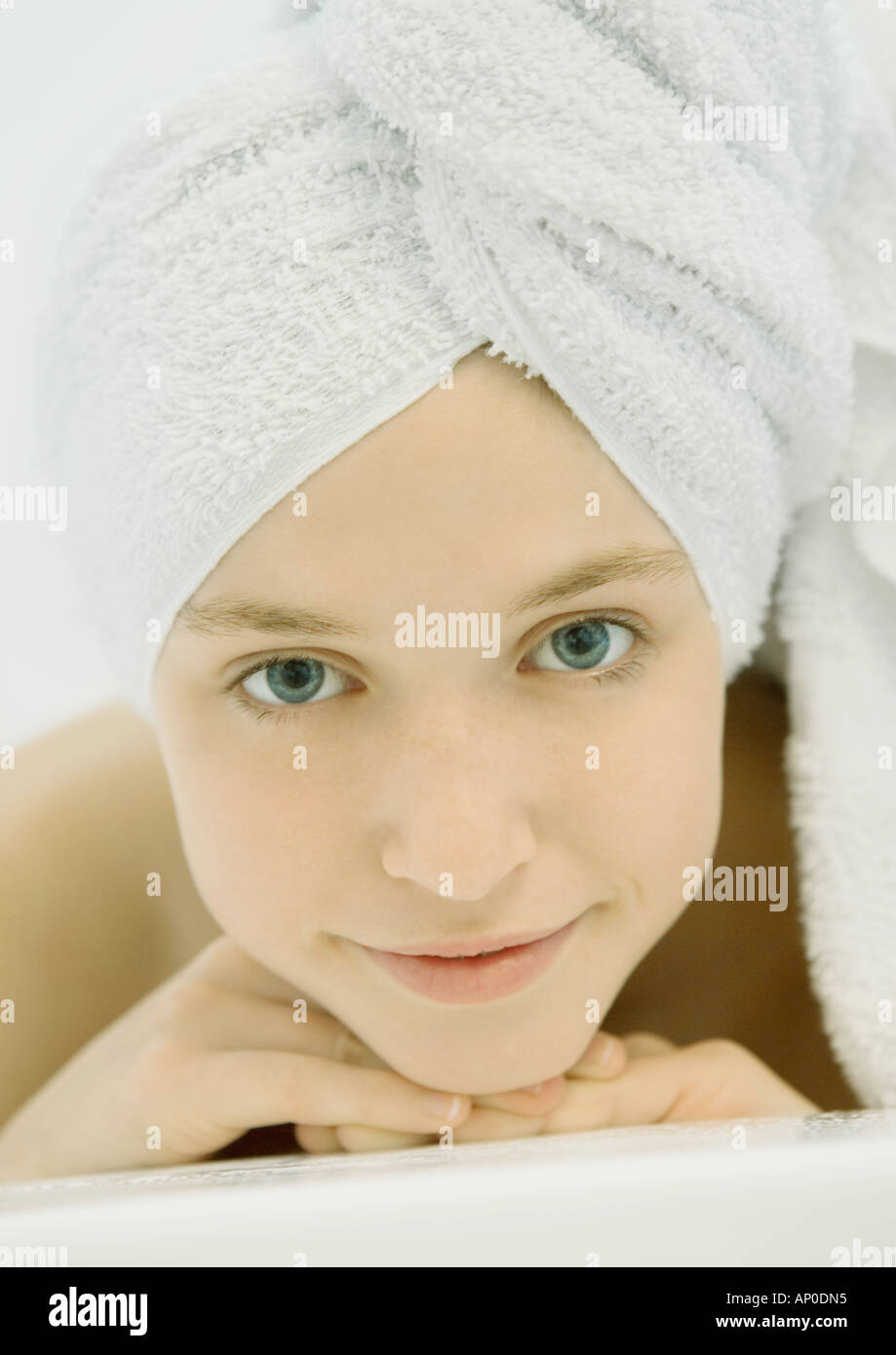 Girl with towel wrapped around head Stock Photo - Alamy