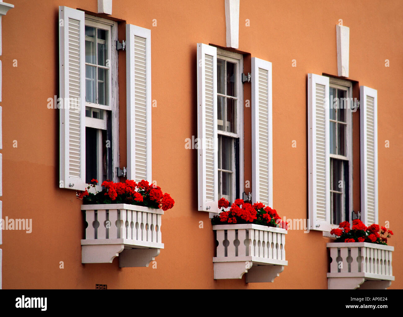 Red flowers decorate window boxes in Hamilton Bermuda Stock Photo - Alamy