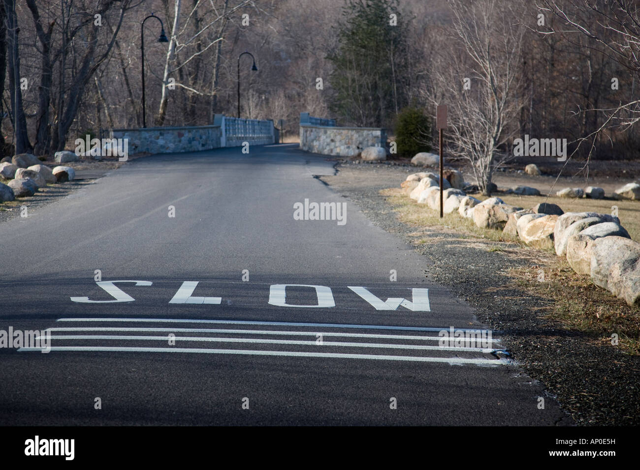 Sign in road cautioning drivers to go slowly Stock Photo - Alamy