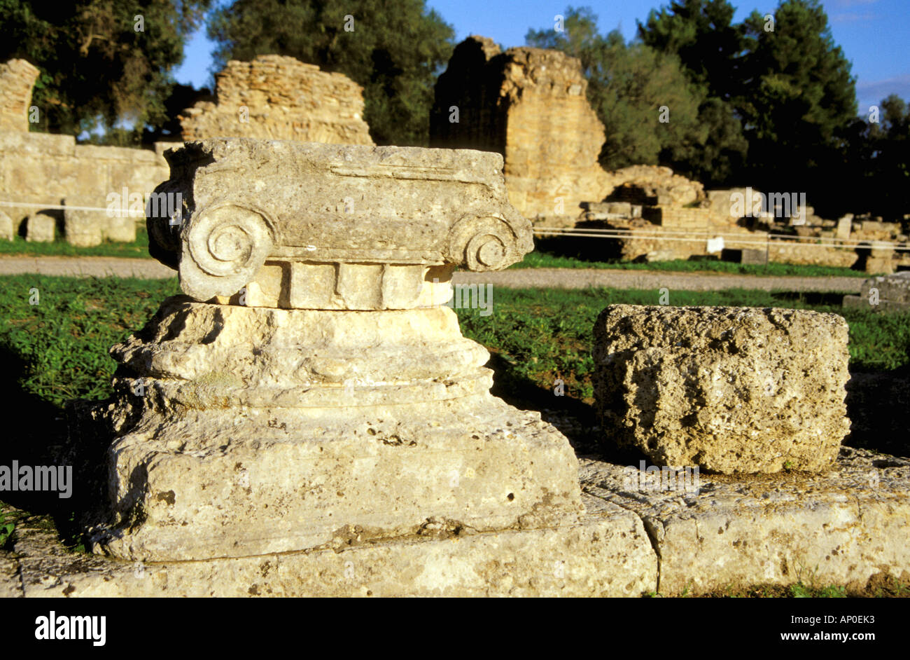 Europe, Greece, Ancient Olympia. Row of columns, ornate base, site of ...