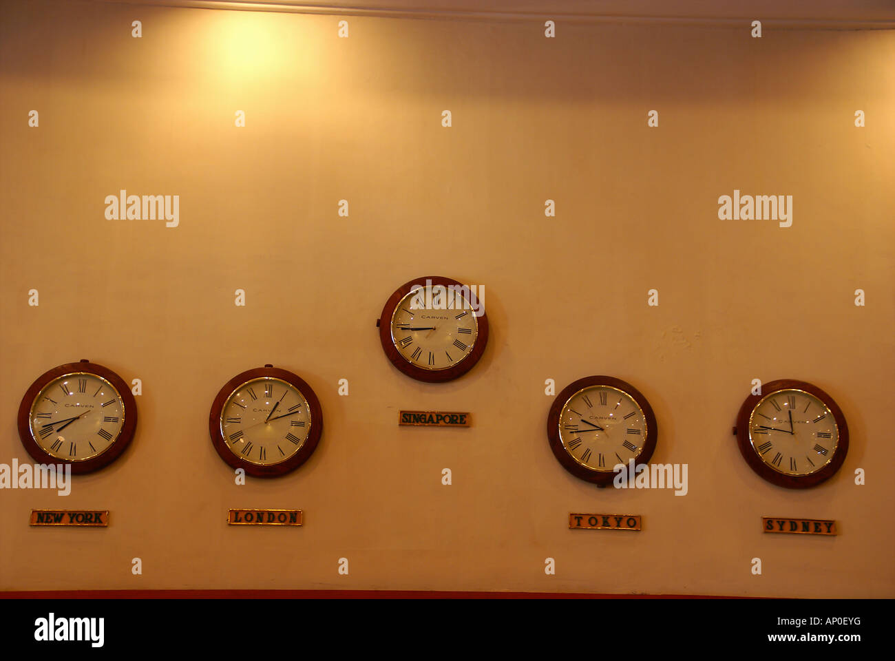 Old fashioned clocks showing a different time in several capital cities ...