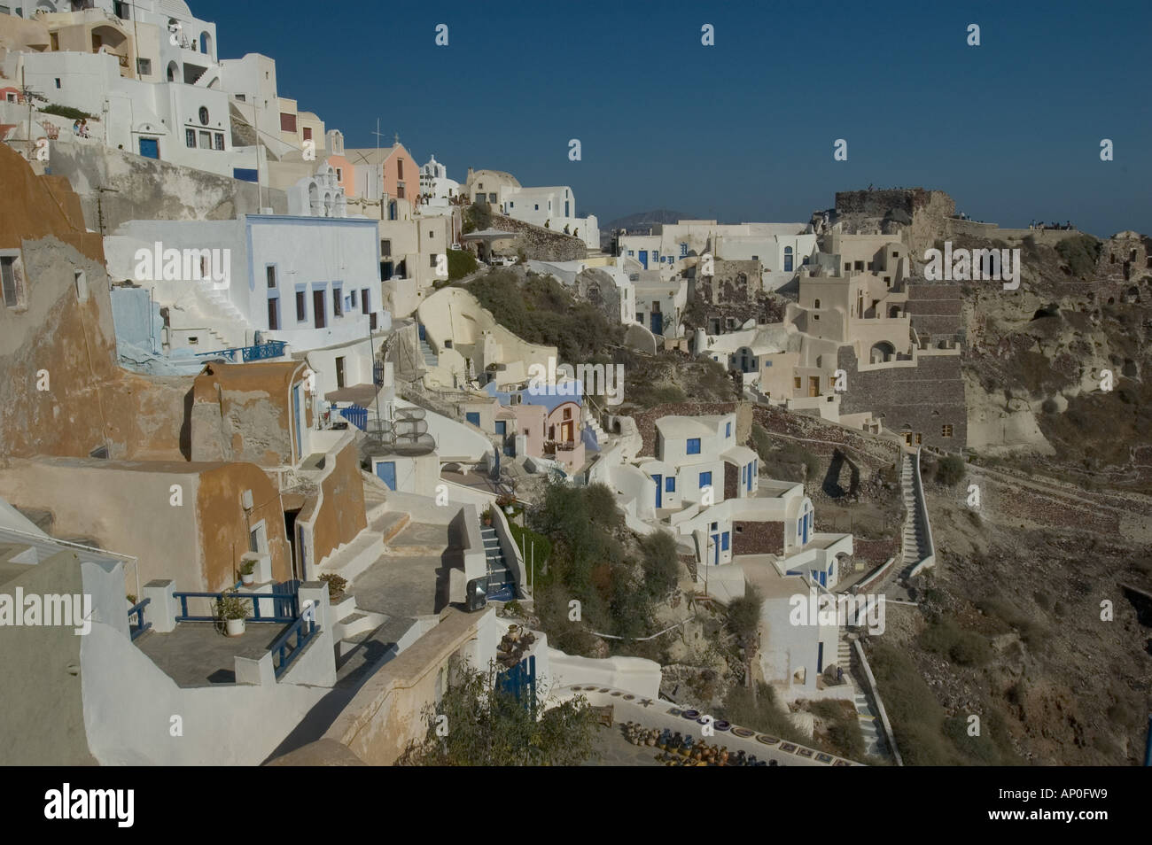Europe, Greece, Cyclades, Santorini: pattern of restored houses in Oia ...