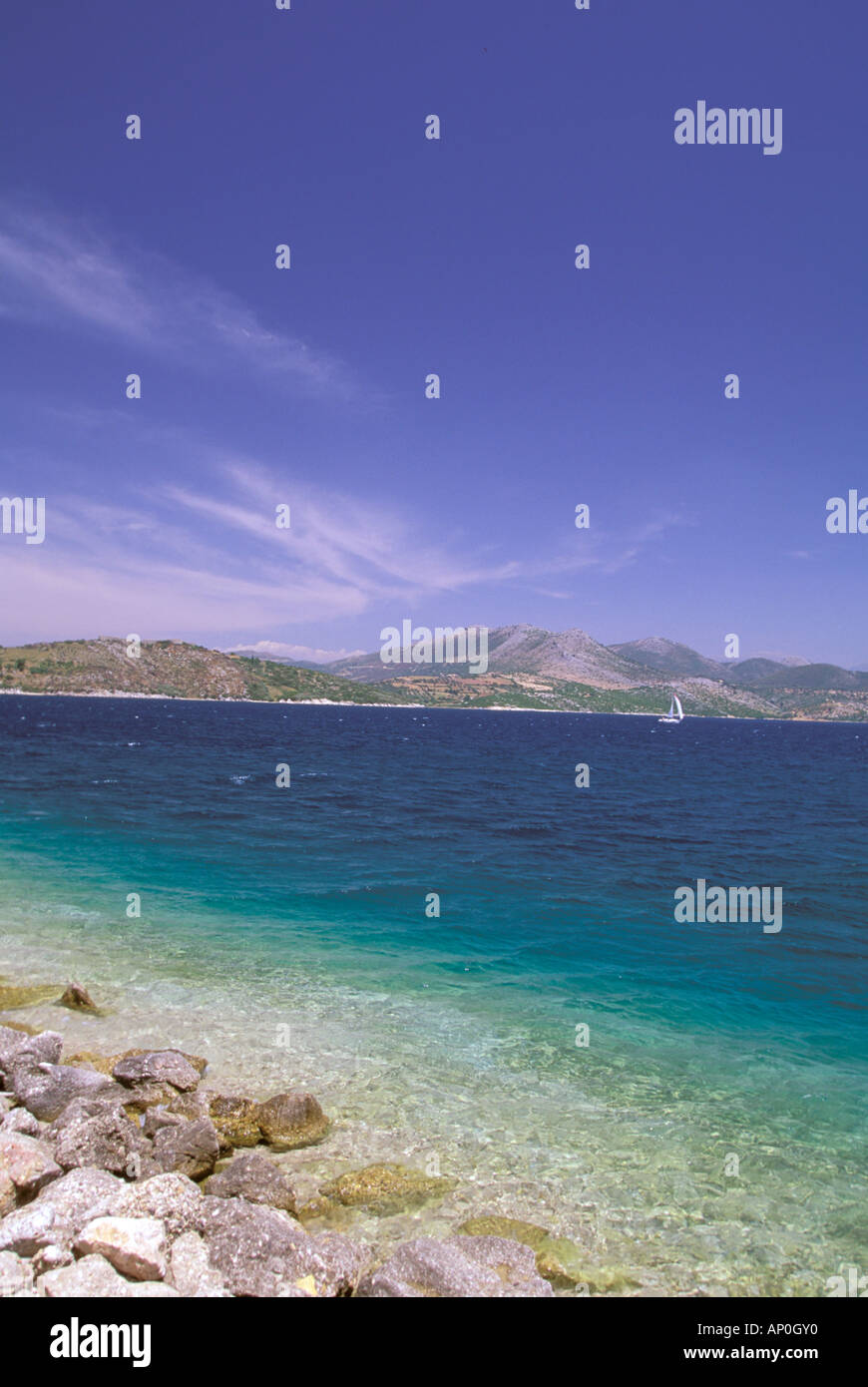 Europe, Greece, Ionian Islands, Lefkada. Turquoise waters of Nidri Bay ...