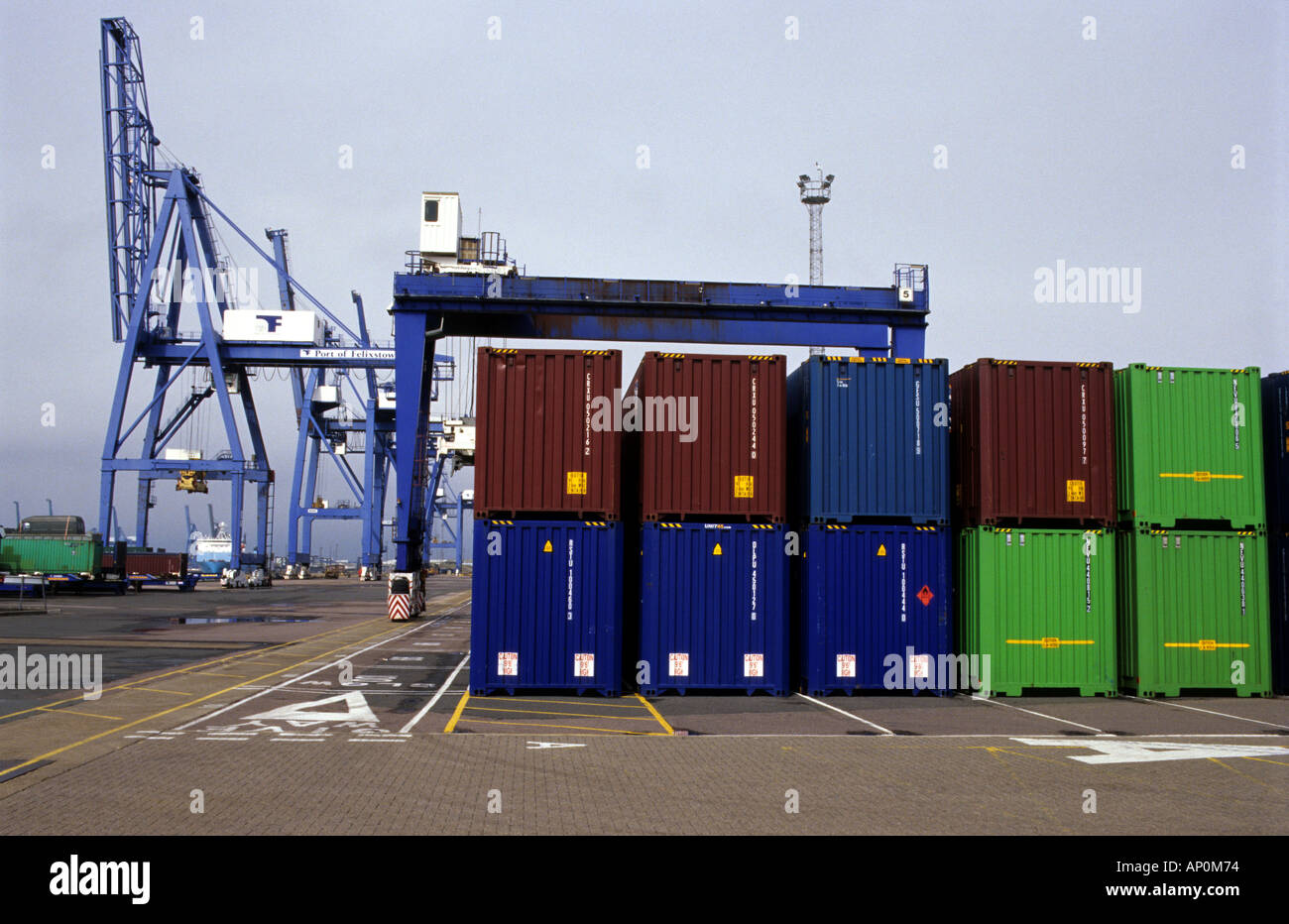 Containers on the quayside at the Port of Felixstowe in Suffolk, the ...