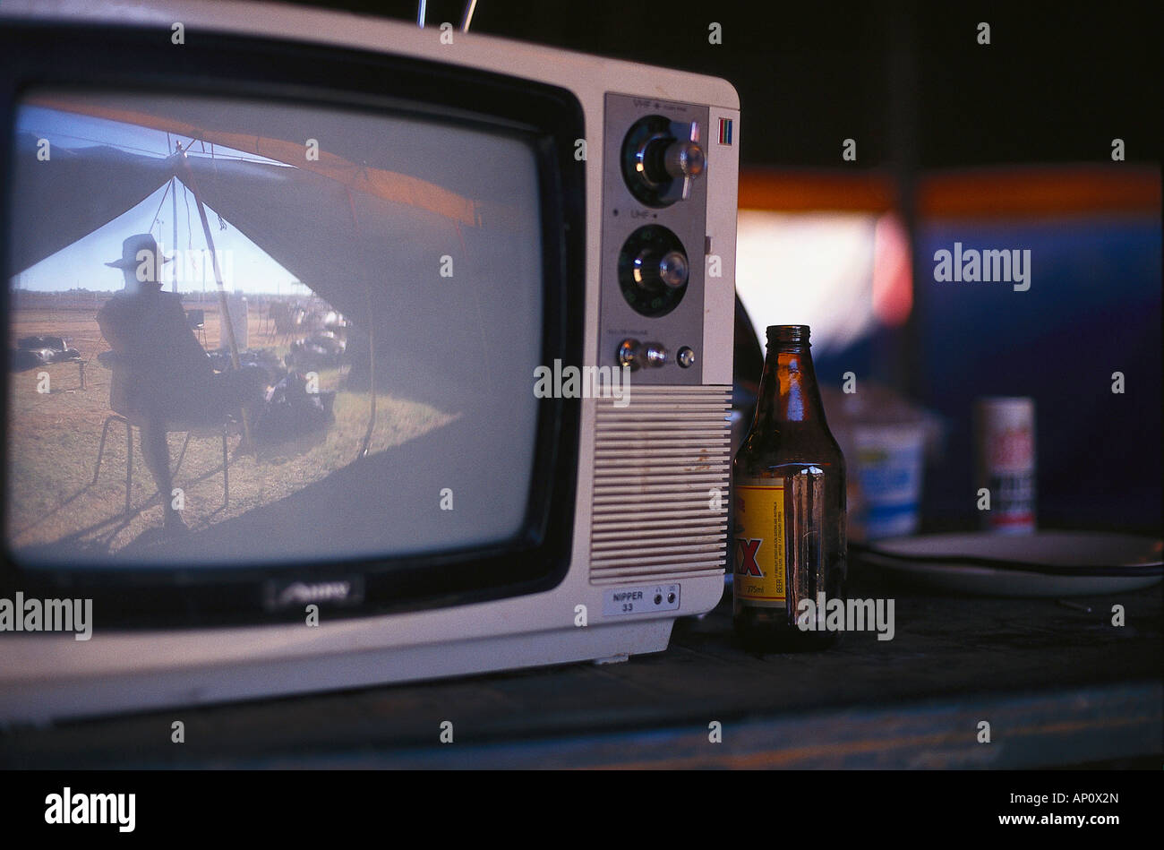 TV in tent, Fred Brophy's Boxing Troupe, Australia Stock Photo - Alamy