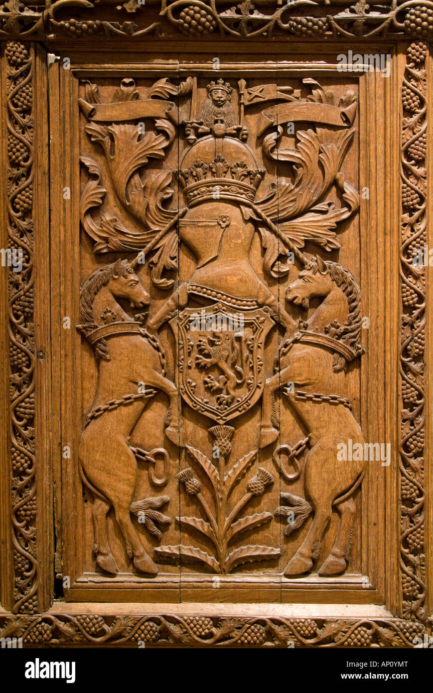 carved wood panel unicorn mythical beast crown armour shield coat arm ...