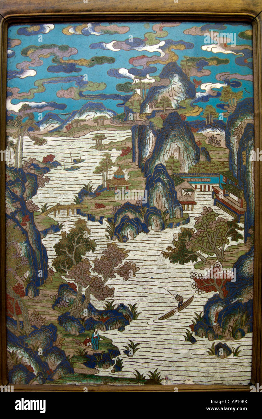 Japanese gilt enamel lacquer ware bridge fishing boat rod garden river ...